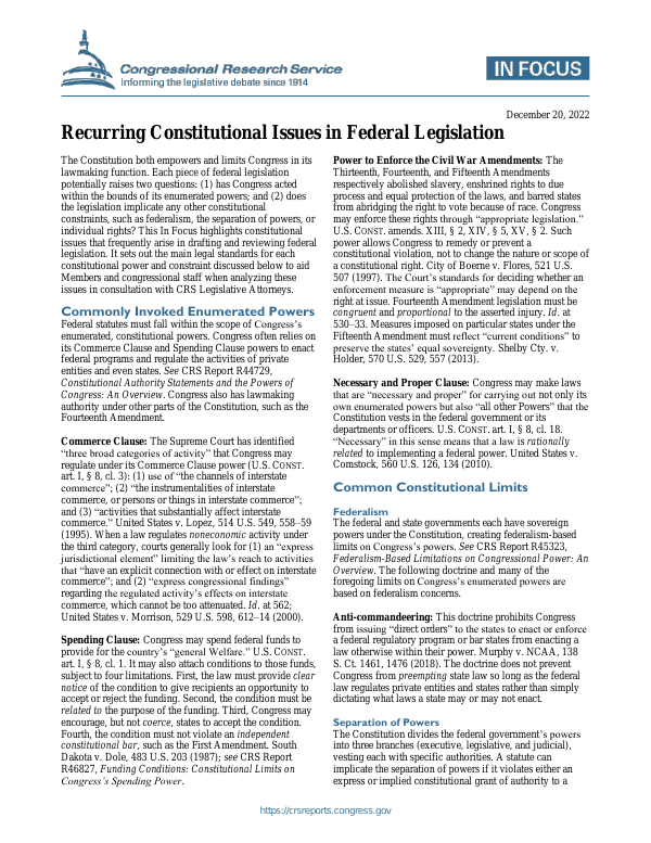 Recurring Constitutional Issues in Federal Legislation - EveryCRSReport.com