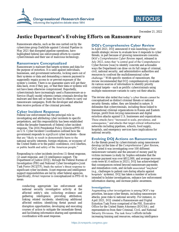 Justice Department’s Evolving Efforts on Ransomware - EveryCRSReport.com