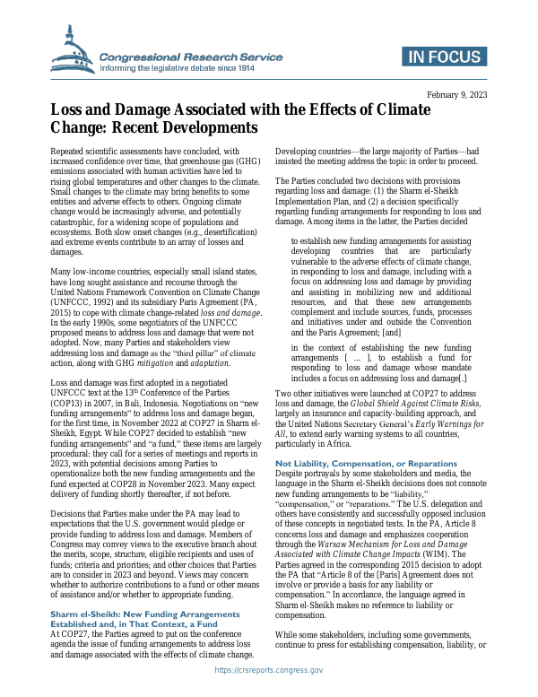 Loss and Damage Associated with the Effects of Climate Change: Recent Developments ...