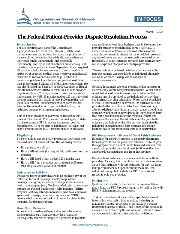 The Federal Patient-Provider Dispute Resolution Process ...