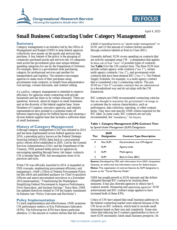 Small Business Contracting Under Category Management - EveryCRSReport.com
