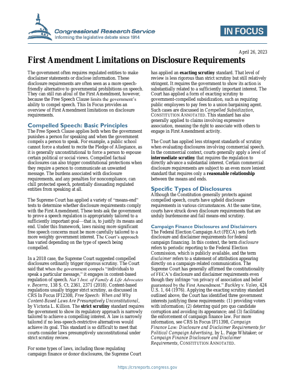 First Amendment Limitations on Disclosure Requirements - EveryCRSReport.com