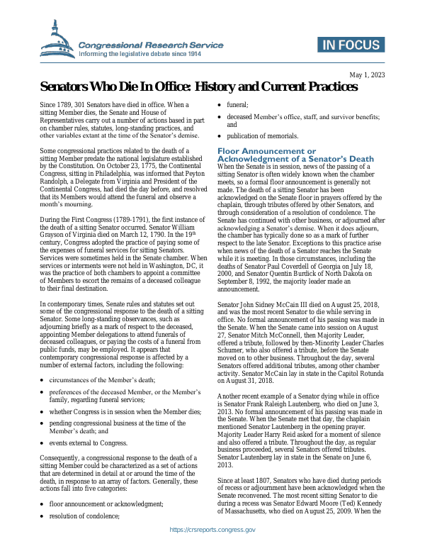 Senators Who Die In Office: History and Current Practices ...