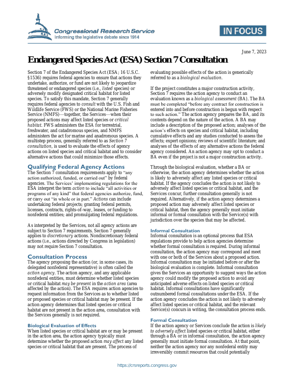 Endangered Species Act (ESA) Section 7 Consultation - EveryCRSReport.com