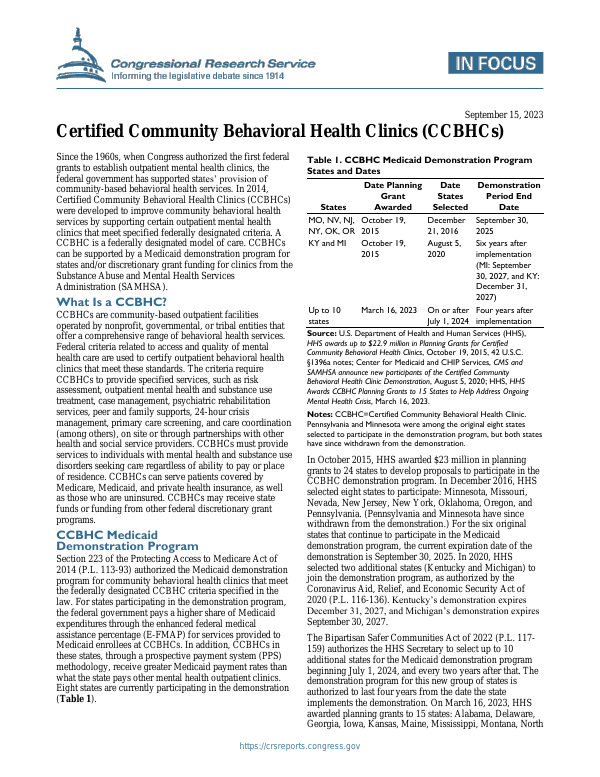 Certified Community Behavioral Health Clinics (CCBHCs) - EveryCRSReport.com