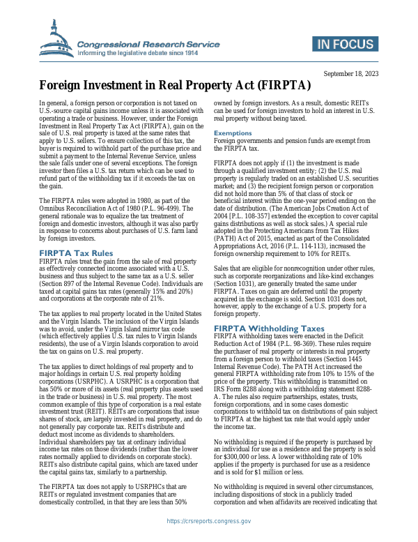 Foreign Investment in Real Property Act (FIRPTA) - EveryCRSReport.com