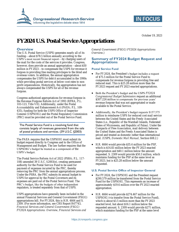 FY2024 U.S. Postal Service Appropriations - EveryCRSReport.com