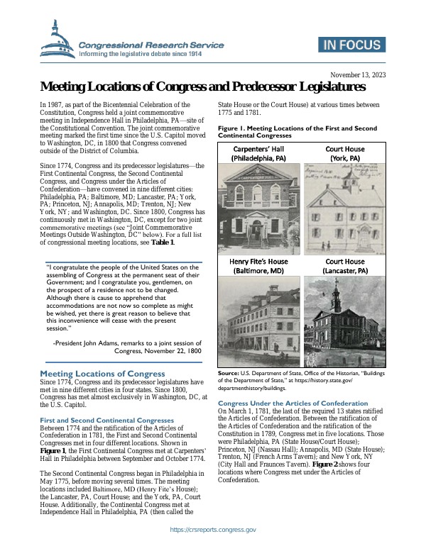 Meeting Locations of Congress and Predecessor Legislatures ...