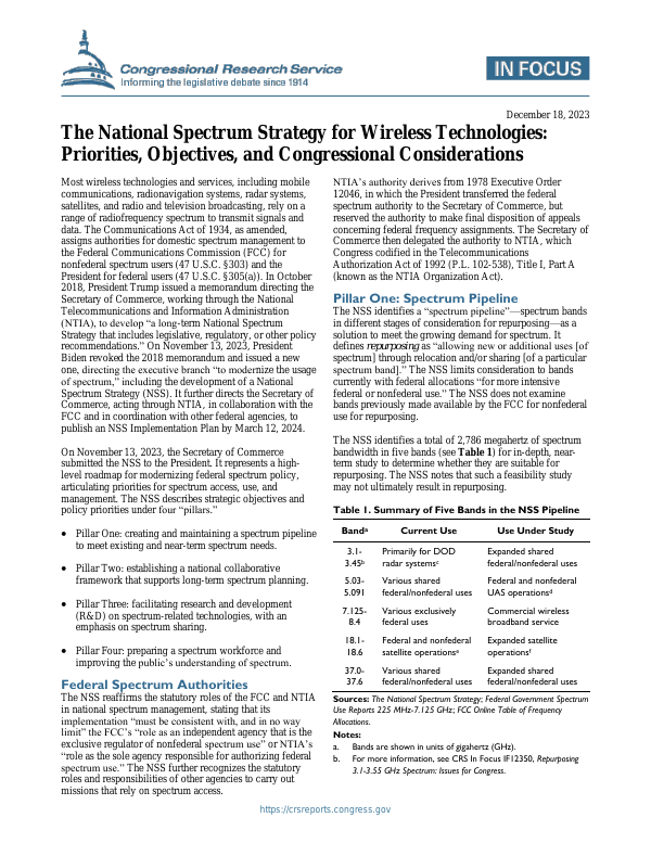 The National Spectrum Strategy for Wireless Technologies: Priorities ...
