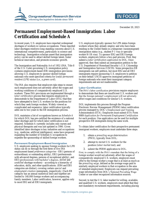 Permanent Employment-Based Immigration: Labor Certification and ...