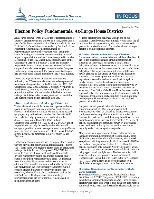 Election Policy Fundamentals: At-Large House Districts - EveryCRSReport.com