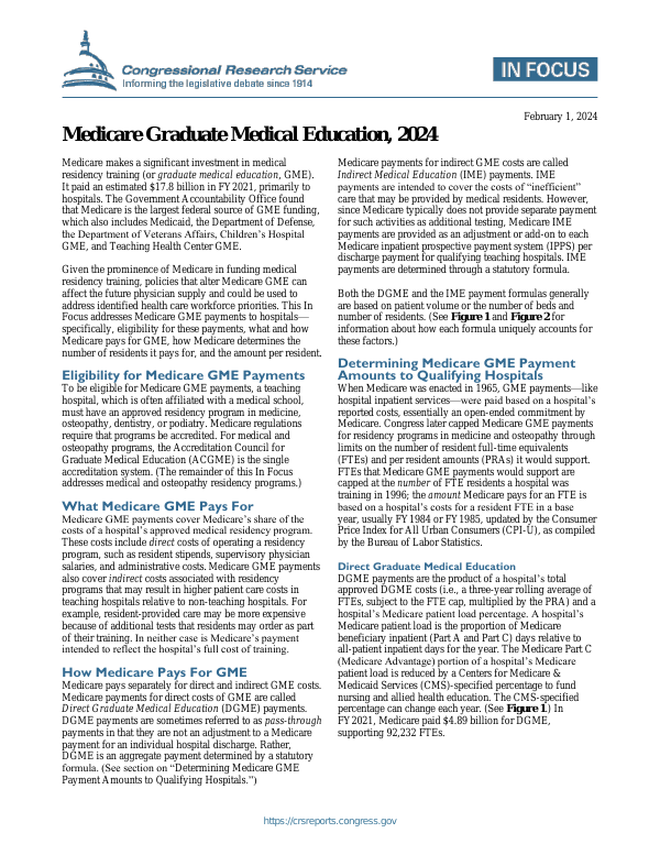 Medicare Graduate Medical Education, 2024 - EveryCRSReport.com