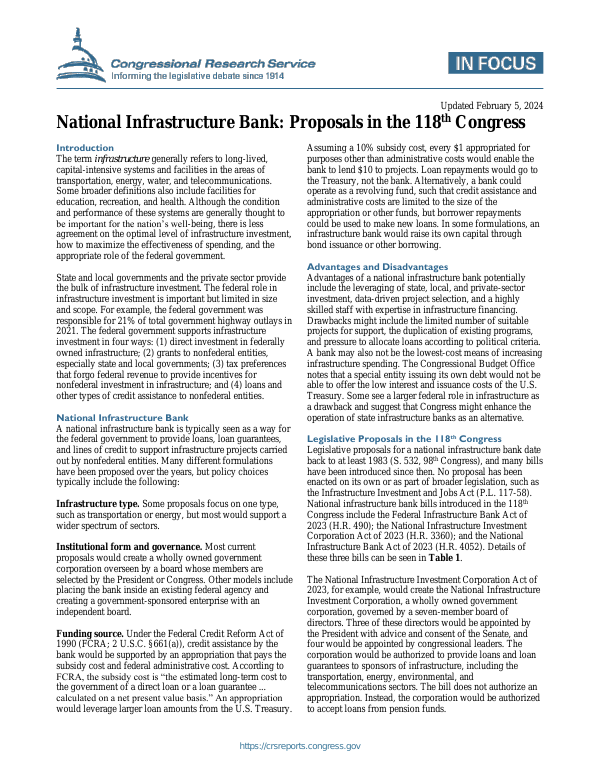 National Infrastructure Bank: Proposals in the 118th Congress ...
