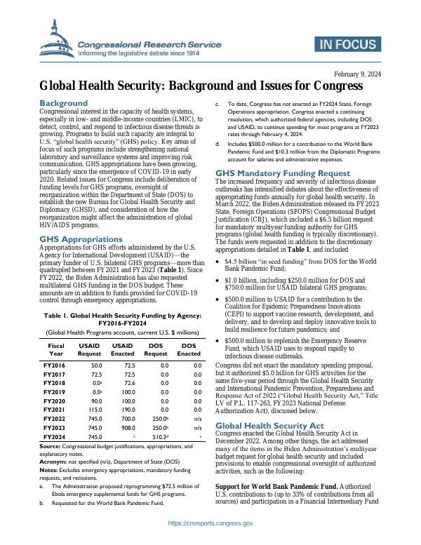 Global Health Security: Background and Issues for Congress ...