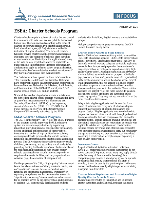 ESEA: Charter Schools Program - EveryCRSReport.com