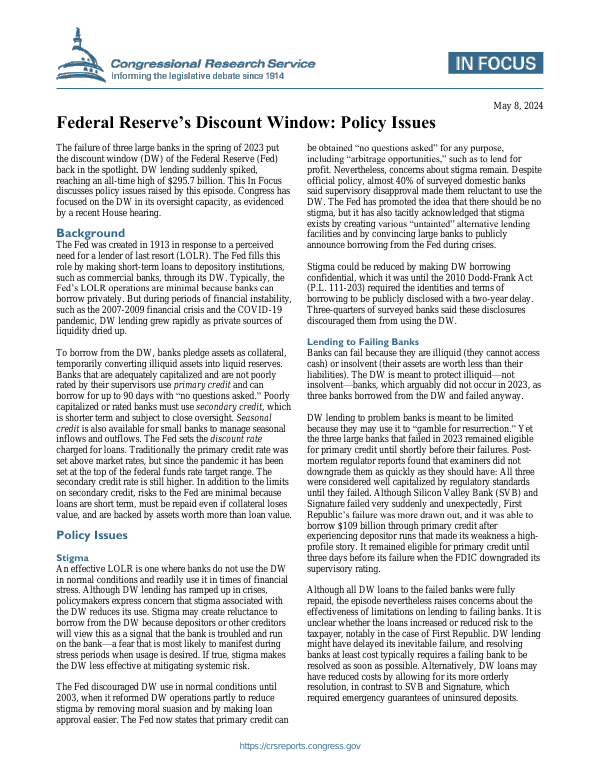 Federal Reserve’s Discount Window: Policy Issues - EveryCRSReport.com
