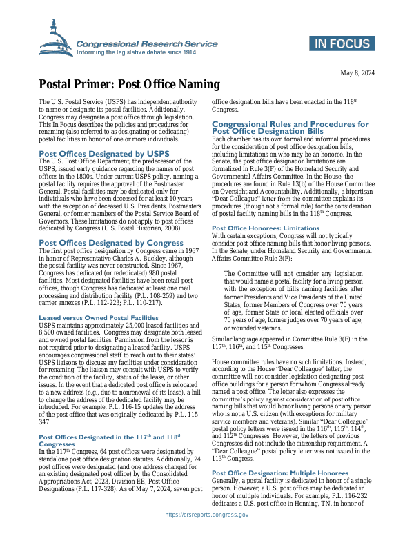 Postal Primer: Post Office Naming - EveryCRSReport.com