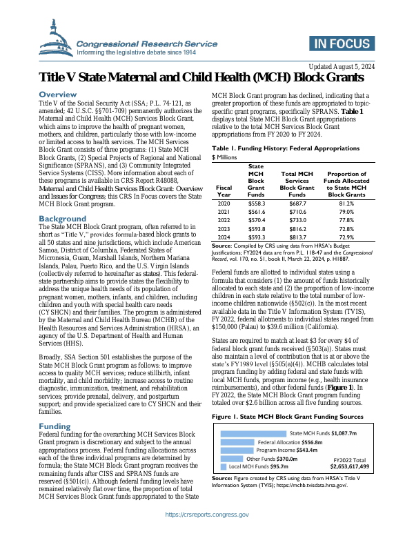 Title V State Maternal and Child Health (MCH) Block Grants ...