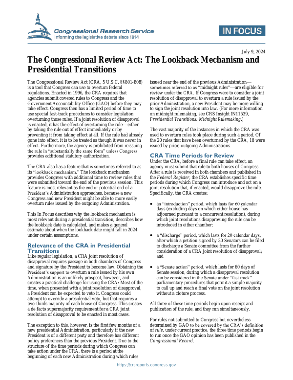 The Congressional Review Act: The Lookback Mechanism and Presidential ...