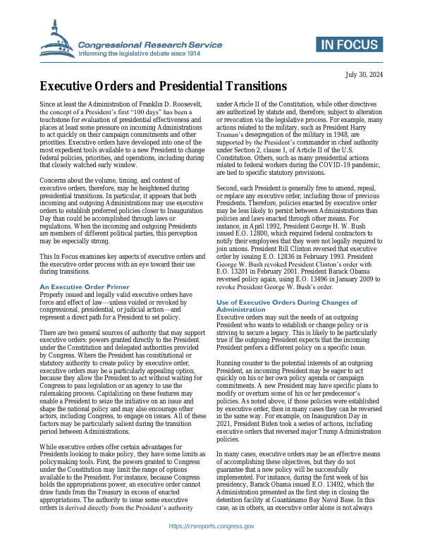 Executive Orders and Presidential Transitions - EveryCRSReport.com
