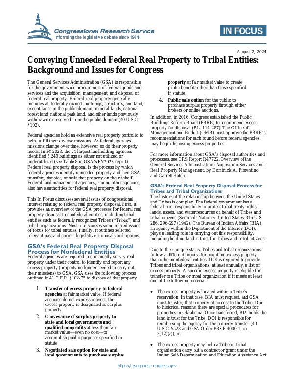 Conveying Unneeded Federal Real Property to Tribal Entities: Background ...