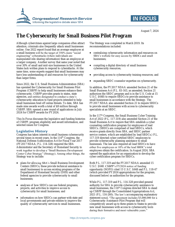 The Cybersecurity for Small Business Pilot Program - EveryCRSReport.com
