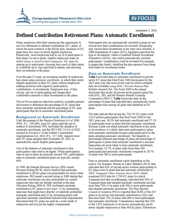 Defined Contribution Retirement Plans: Automatic Enrollment - EveryCRSReport.com