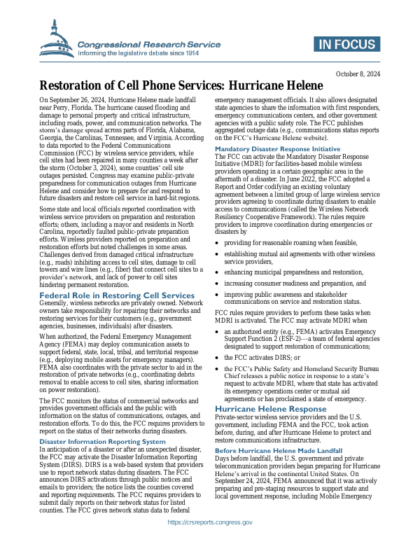 Restoration of Cell Phone Services: Hurricane Helene - EveryCRSReport.com