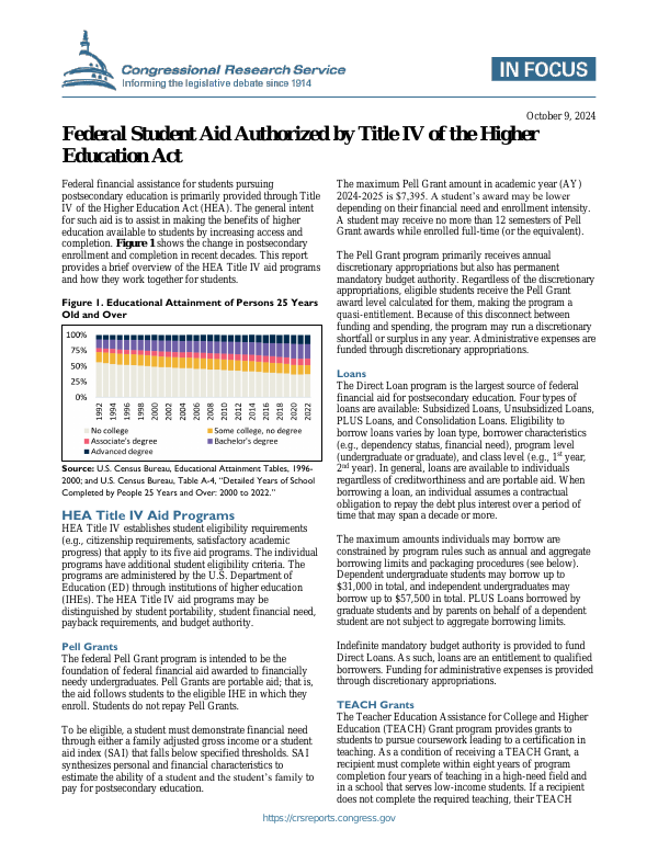 Federal Student Aid Authorized by Title IV of the Higher Education Act ...