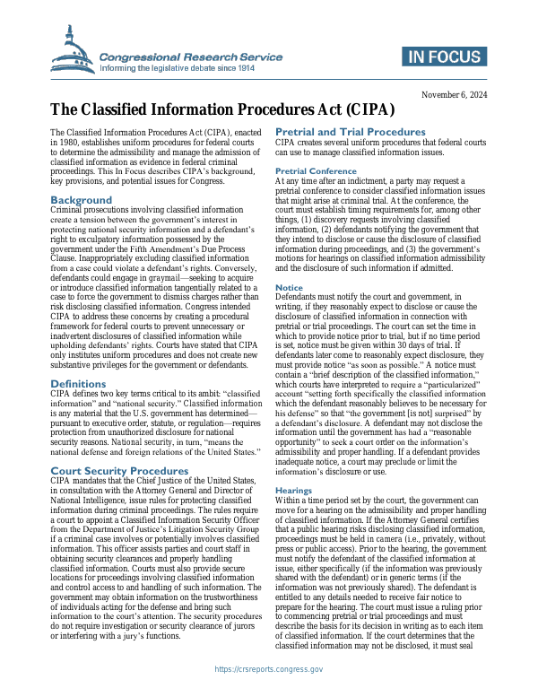The Classified Information Procedures Act (CIPA) - EveryCRSReport.com