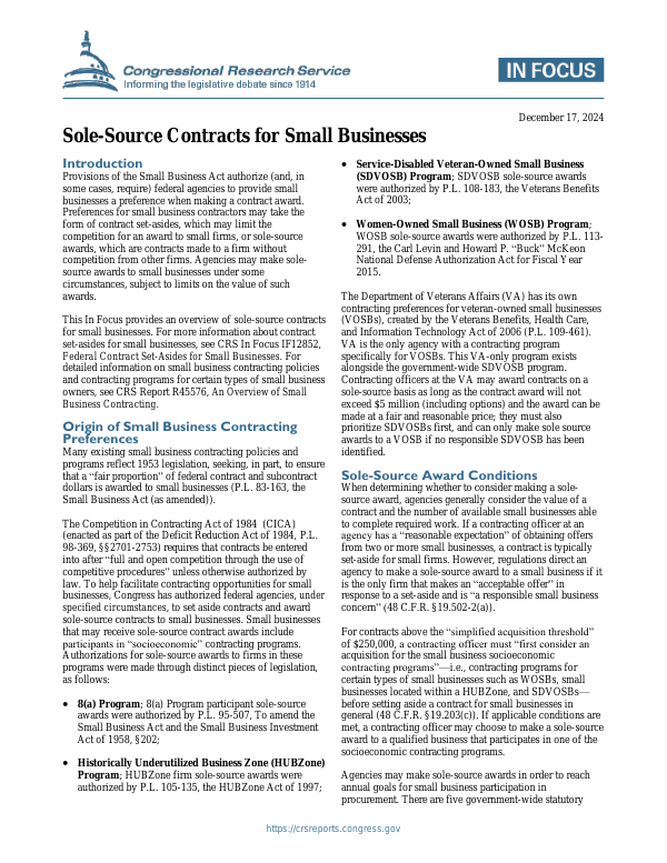 Sole-Source Contracts for Small Businesses - EveryCRSReport.com