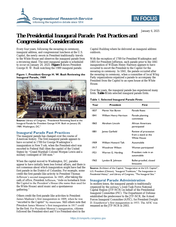 The Presidential Inaugural Parade: Past Practices and Congressional ...