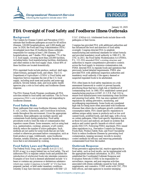 FDA Oversight of Food Safety and Foodborne Illness Outbreaks ...
