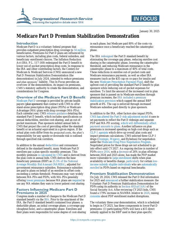 Medicare Part D Premium Stabilization Demonstration - EveryCRSReport.com