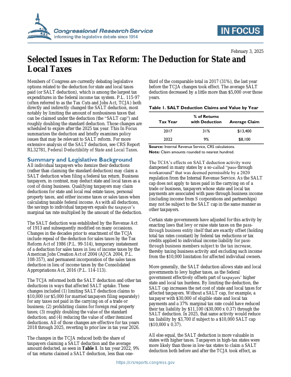 Selected Issues in Tax Reform: The Deduction for State and Local Taxes ...