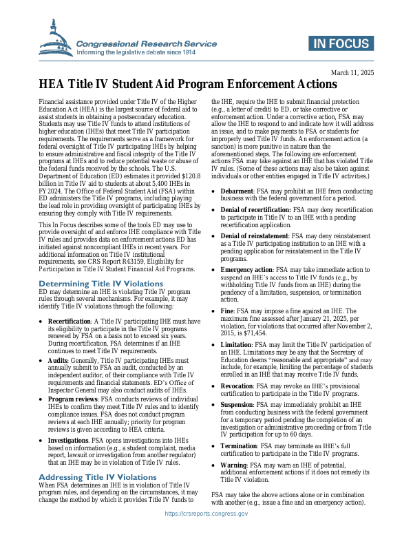 HEA Title IV Student Aid Program Enforcement Actions - EveryCRSReport.com