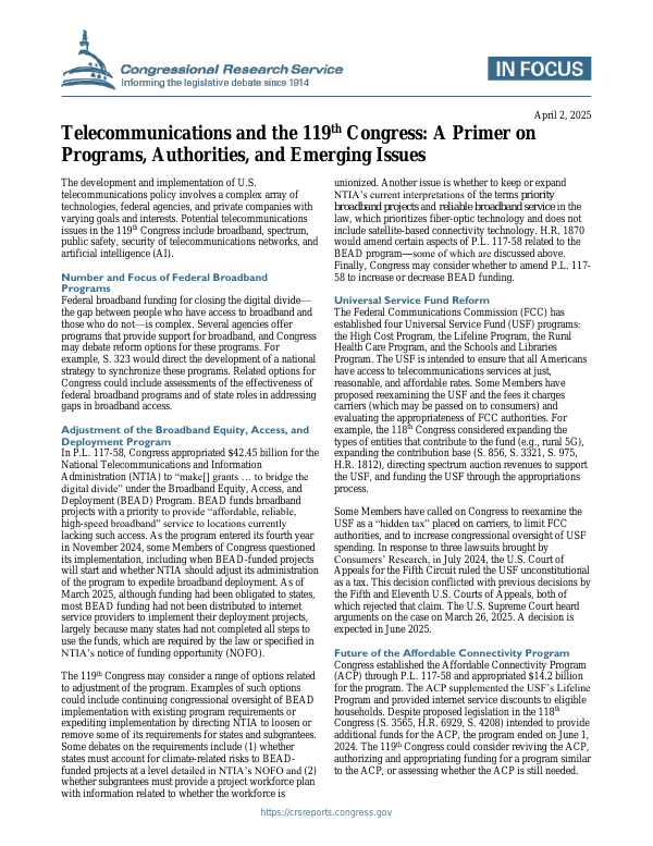 Telecommunications and the 119th Congress: A Primer on Programs ...