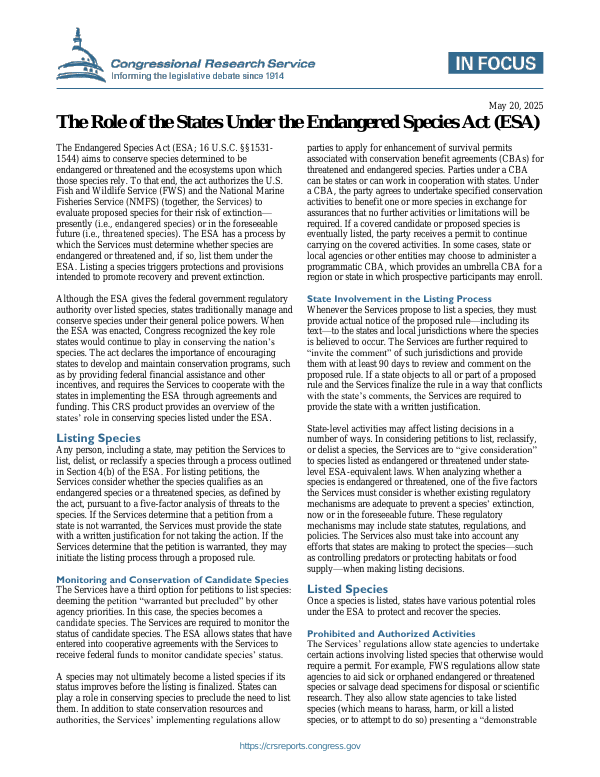The Role of the States Under the Endangered Species Act (ESA ...