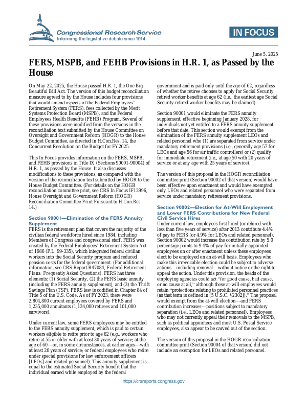 FERS, MSPB, and FEHB Provisions in H.R. 1, as Passed by the House ...