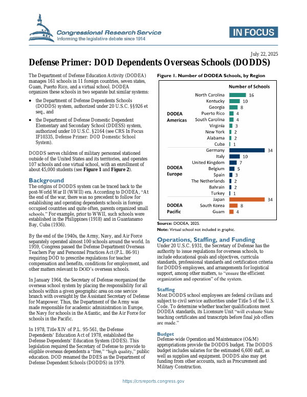 Defense Primer: DOD Dependents Overseas Schools (DODDS ...