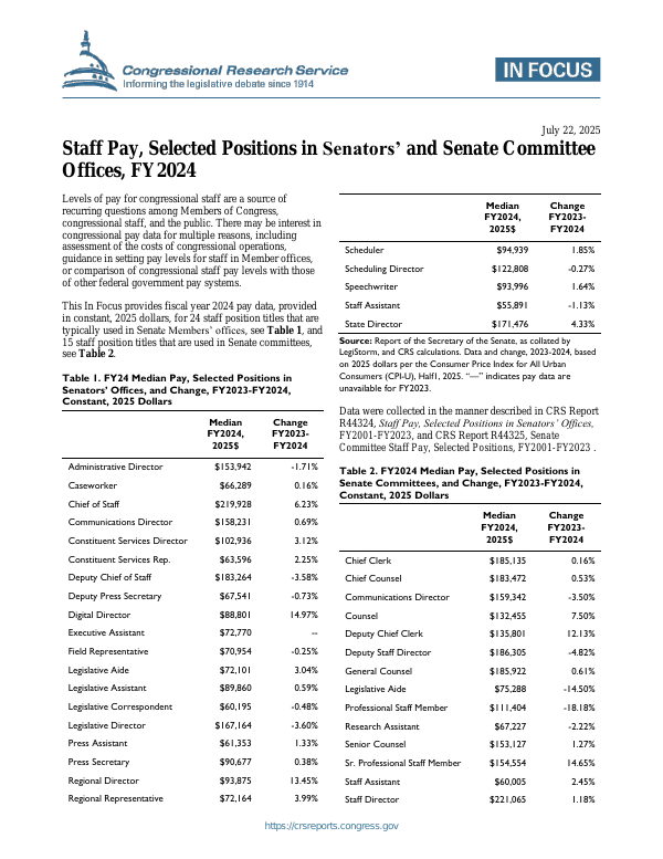 Staff Pay, Selected Positions in Senators’ and Senate Committee Offices ...