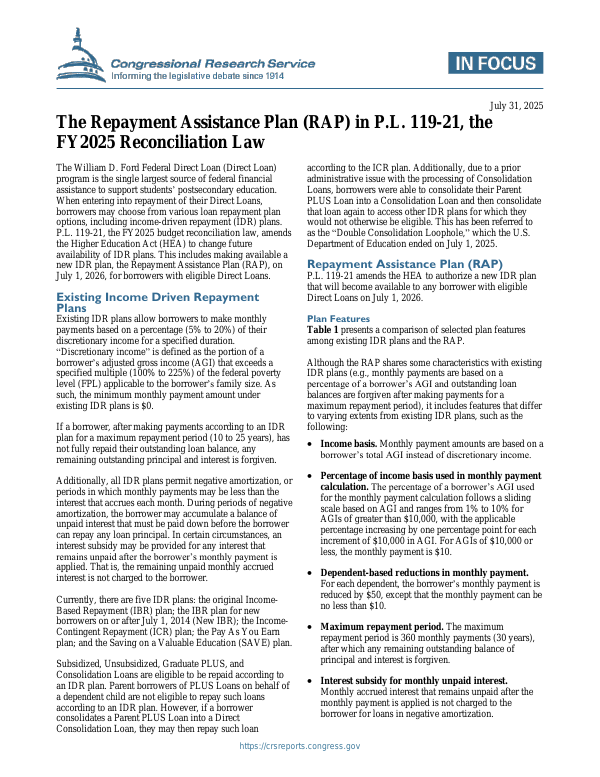 The Repayment Assistance Plan (RAP) in P.L. 119-21, the FY2025 ...