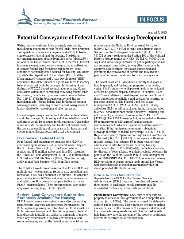 Potential Conveyance of Federal Land for Housing Development ...