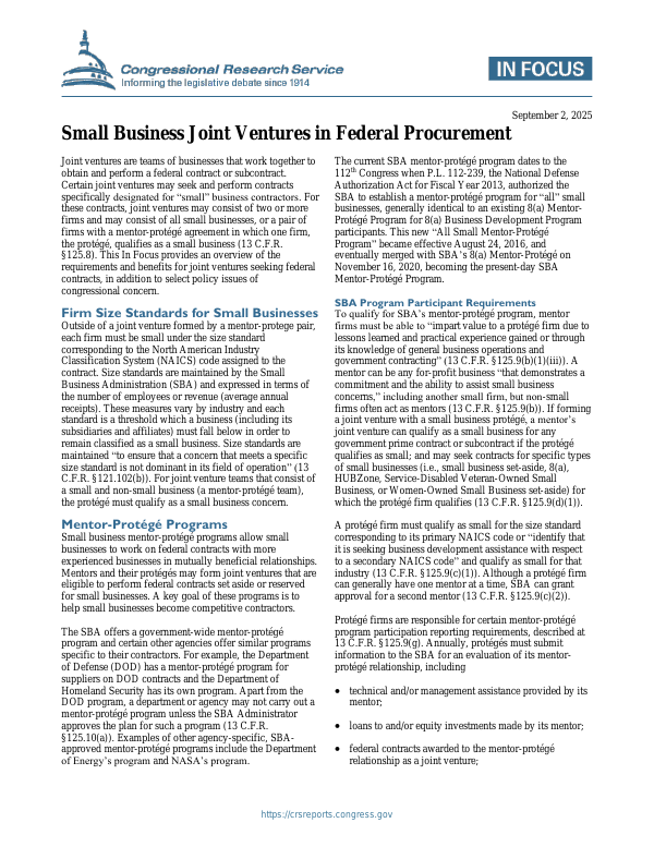 Small Business Joint Ventures in Federal Procurement - EveryCRSReport.com
