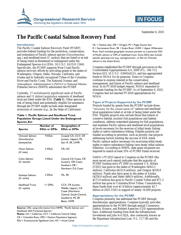 The Pacific Coastal Salmon Recovery Fund - EveryCRSReport.com