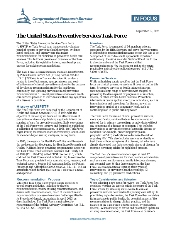 The United States Preventive Services Task Force - EveryCRSReport.com