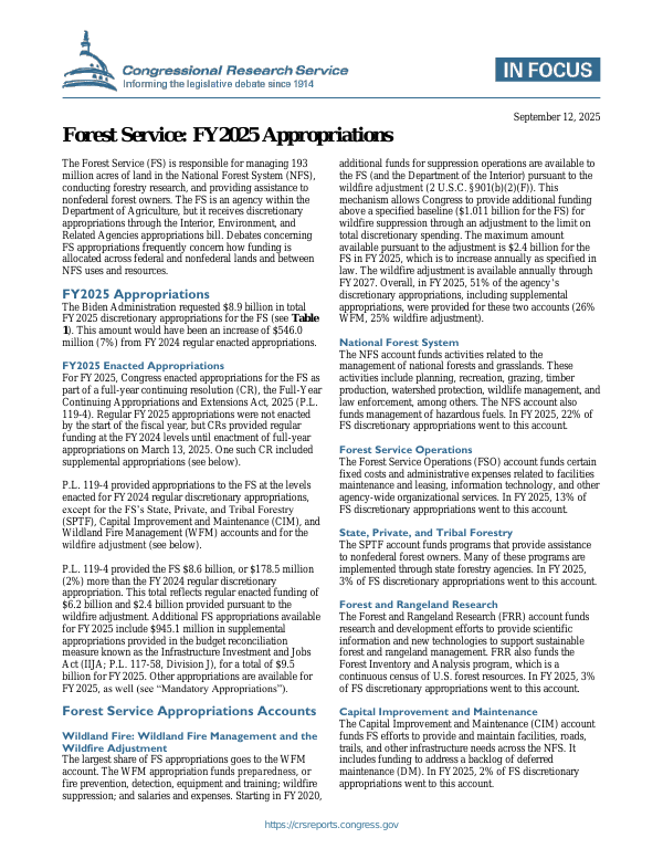 Forest Service: FY2025 Appropriations - EveryCRSReport.com