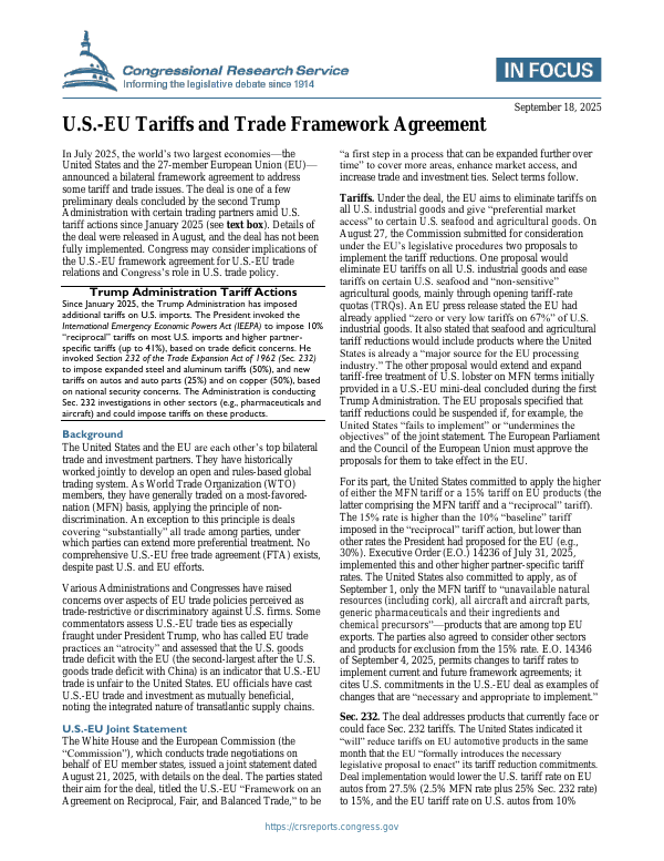 U.S.-EU Tariffs and Trade Framework Agreement - EveryCRSReport.com