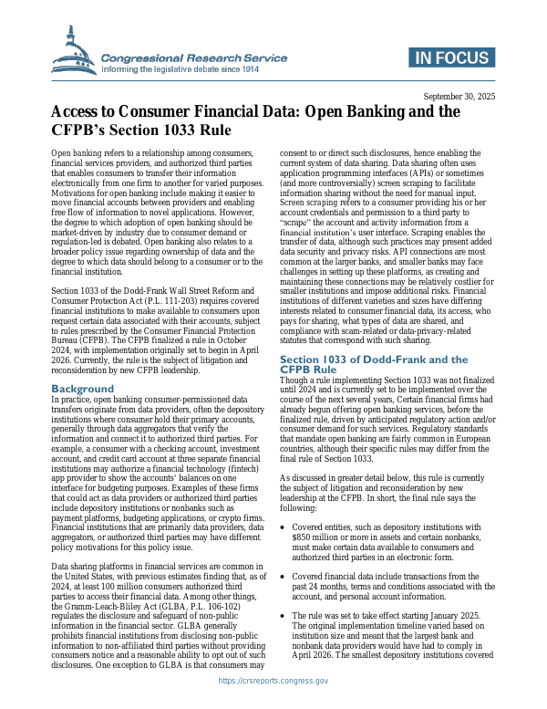 Access to Consumer Financial Data: Open Banking and the CFPB’s Section ...