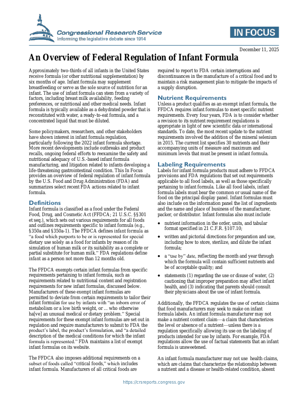 An Overview of Federal Regulation of Infant Formula - EveryCRSReport.com